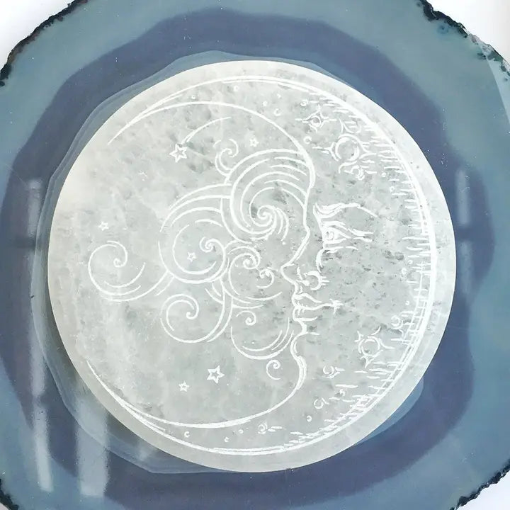 Moon Beams" Engraved Round Selenite Charging Disc