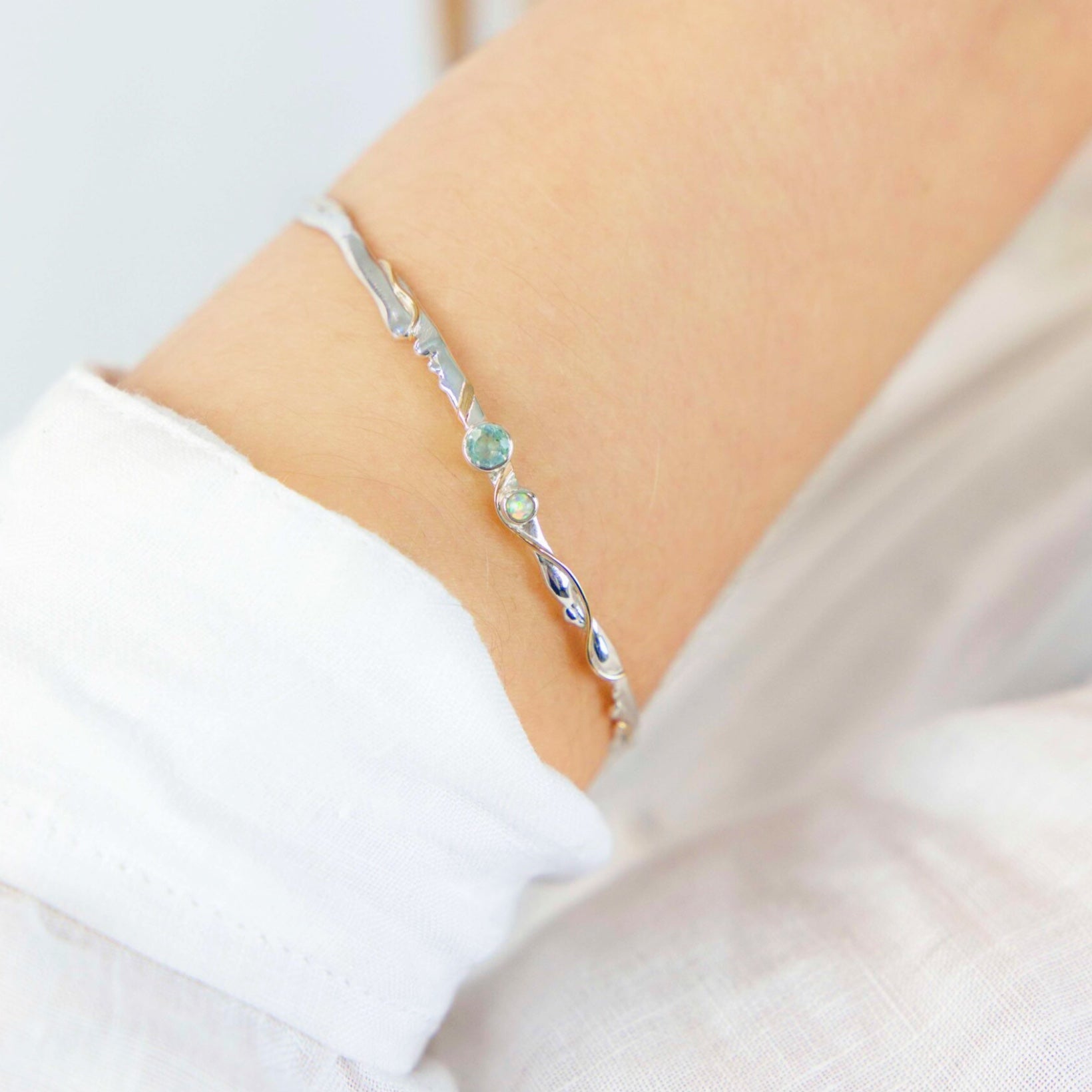 Blue Topaz & Opal Bangle in Sterling Silver | November Birthstone Jewellery