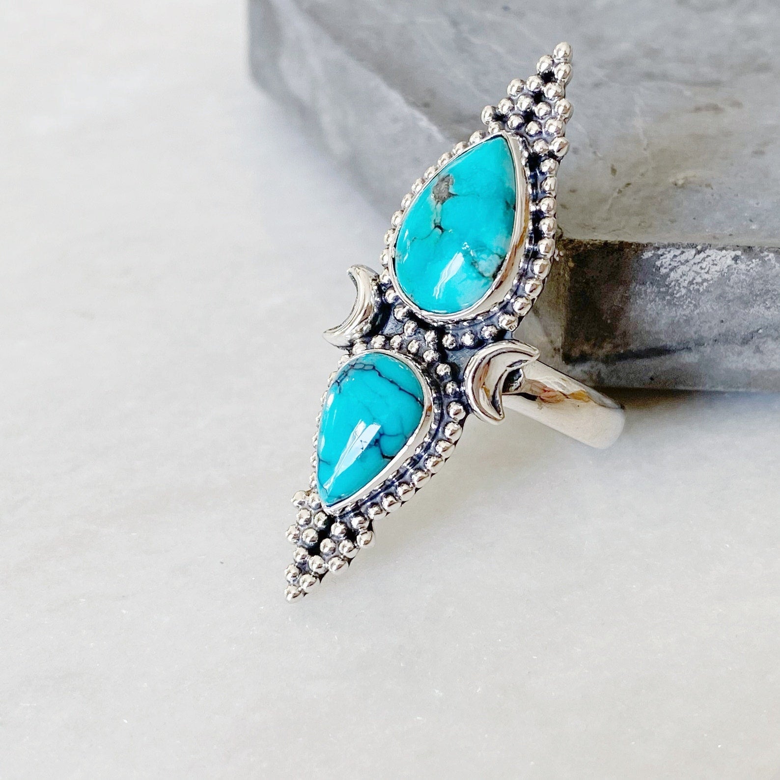 NEW MOON Silver Doublet Natural Turquoise Ring