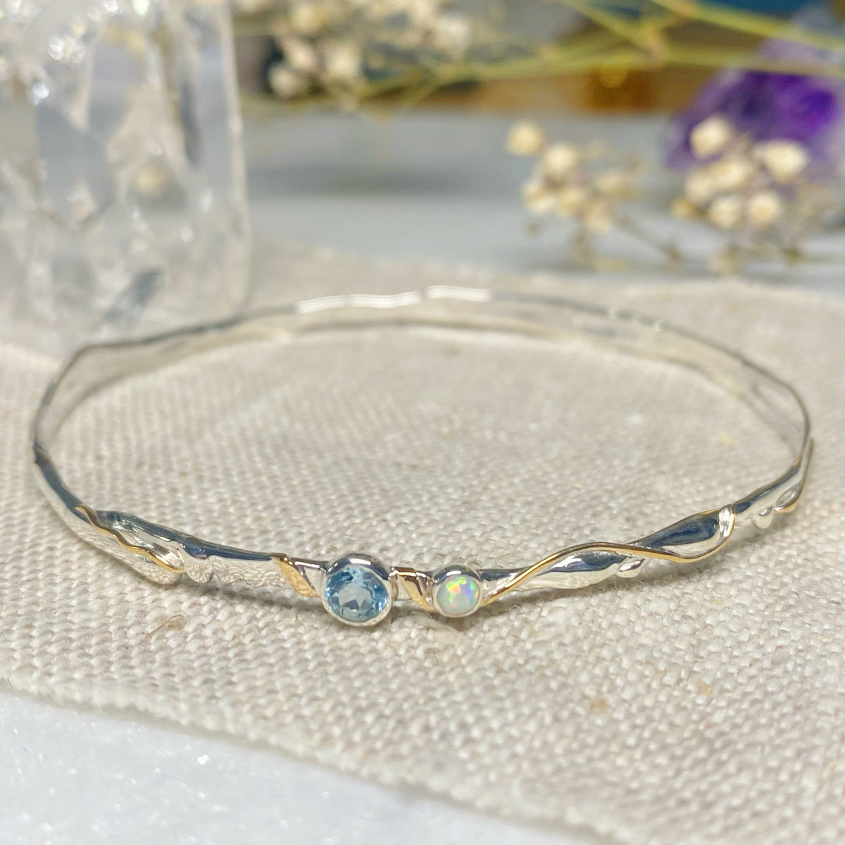Blue Topaz & Opal Bangle in Sterling Silver | November Birthstone Jewellery